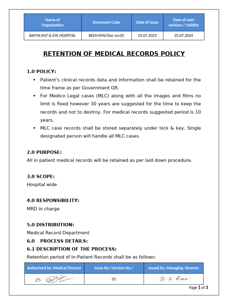 Medical Records Retention Policy | PDF | Medical Record | Patient