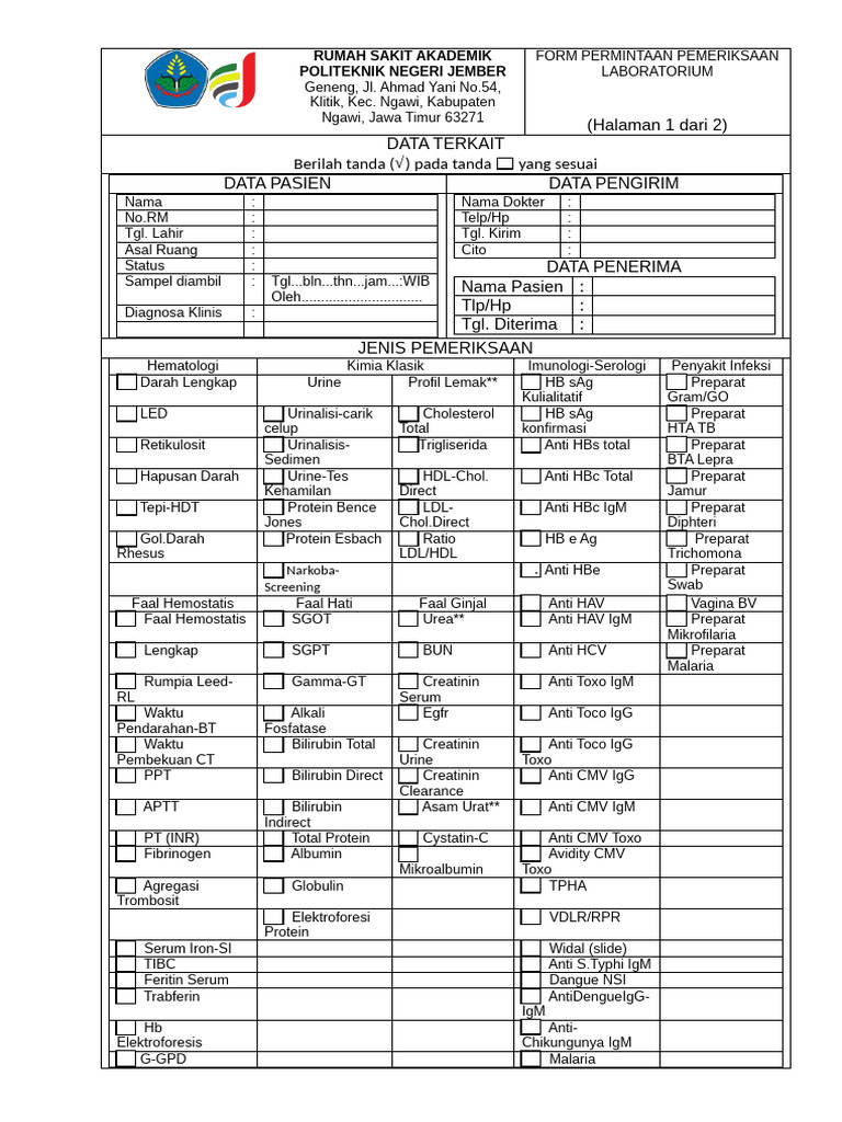Form Permintaan Pemeriksaan Laboratorium | PDF