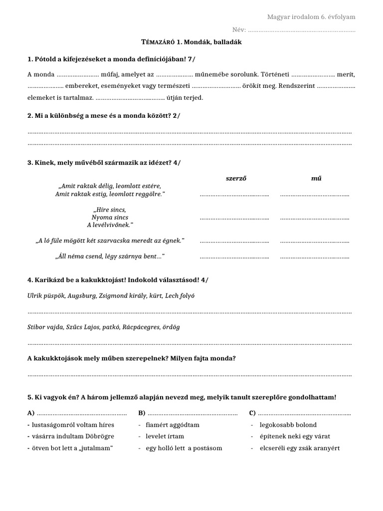 Témazáró1 - Mondák, Balladák | PDF