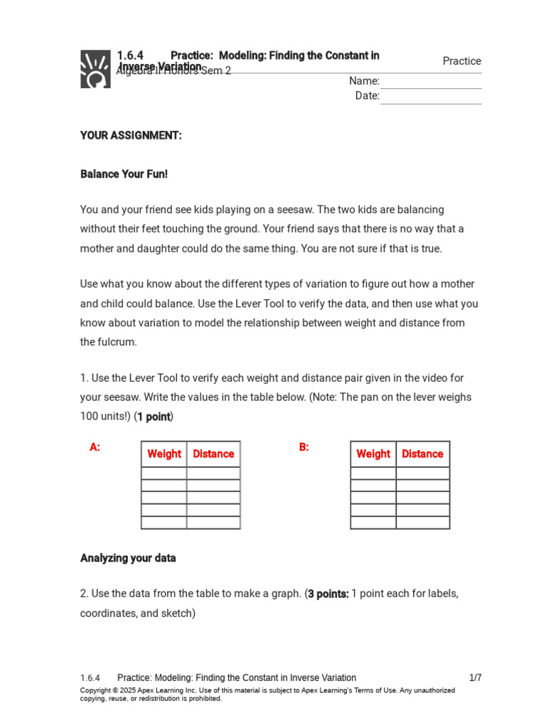 Inverse Variation: Seesaw Balancing Practice | PDF | Lever | Equations