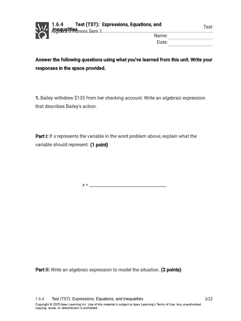 Expressions, Equations, and Inequalities Test | PDF | Equations ...