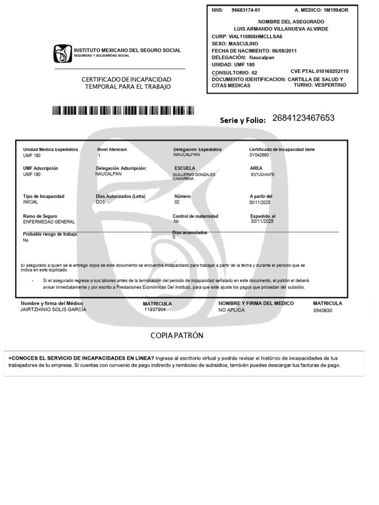 Certificado de Incapacidad Temporal IMSS | PDF