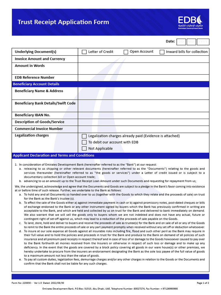 Trust Receipt Application Form | PDF | Banks | Letter Of Credit