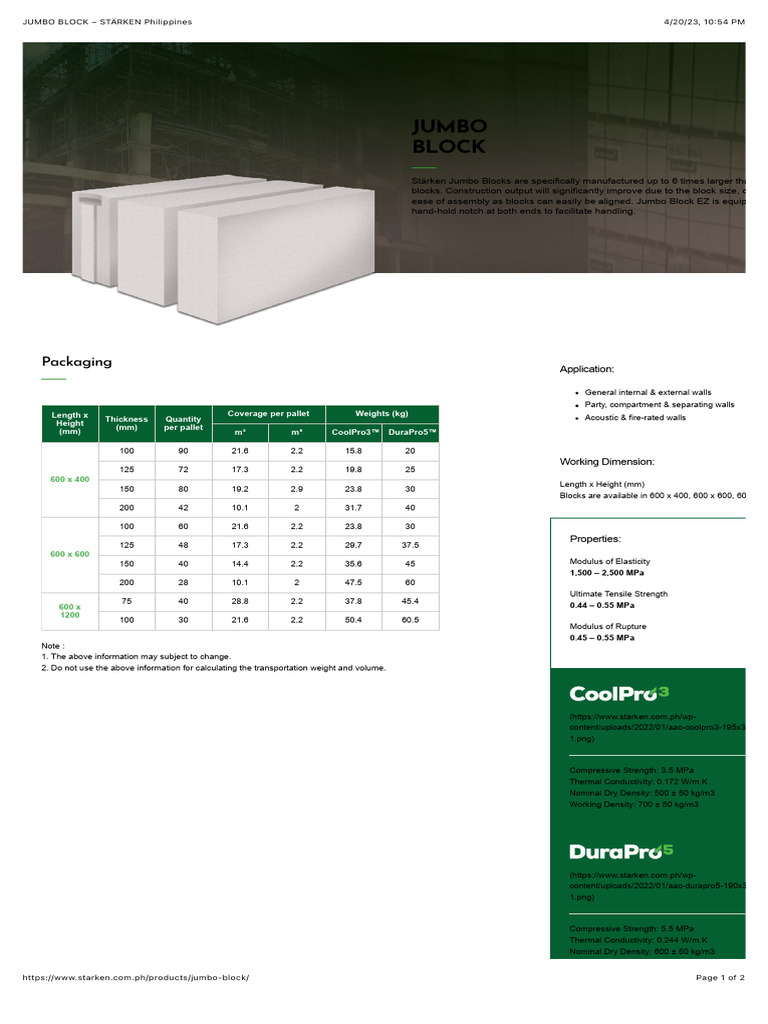 Stärken Jumbo Block Specifications | PDF | Young's Modulus | Pascal (Unit)