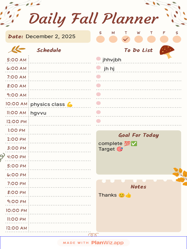 PlanWiz Daily Fall Schedule and Goals Planner | PDF