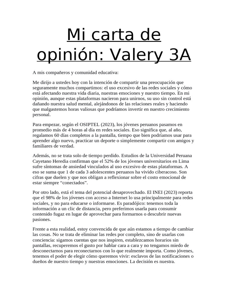Mi Carta de Opinion, Valery Becerra 3A | PDF