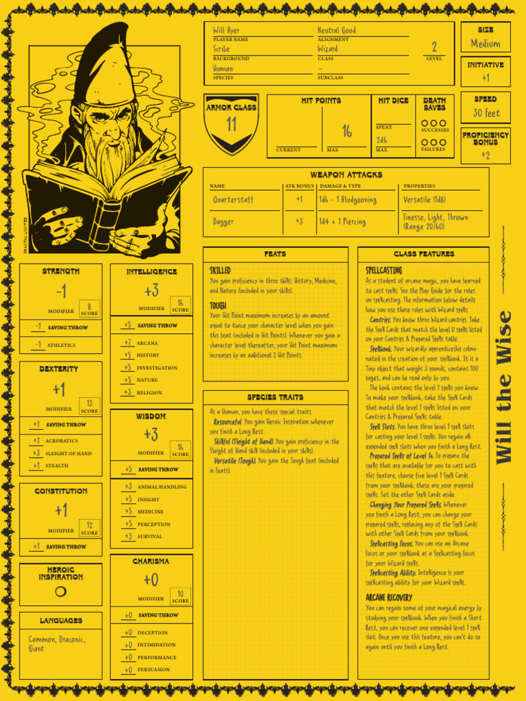 Will the Wise Level 2 Character Sheet | PDF