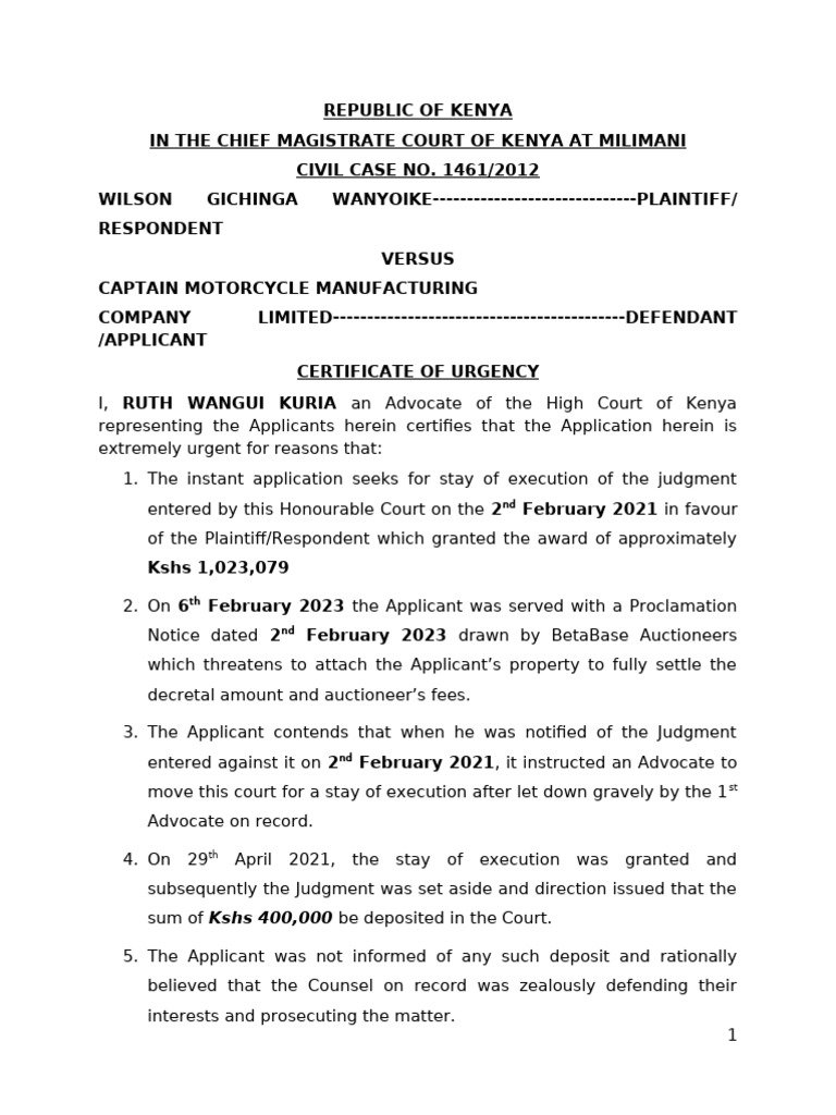 Urgent Stay of Execution Application Kenya | PDF | Lawsuit | Justice