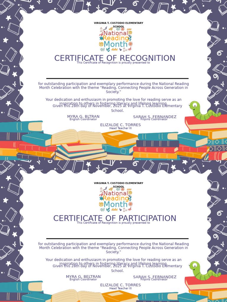 National Reading Month Certificate in Blue, Red, Yellow and Purple Book ...