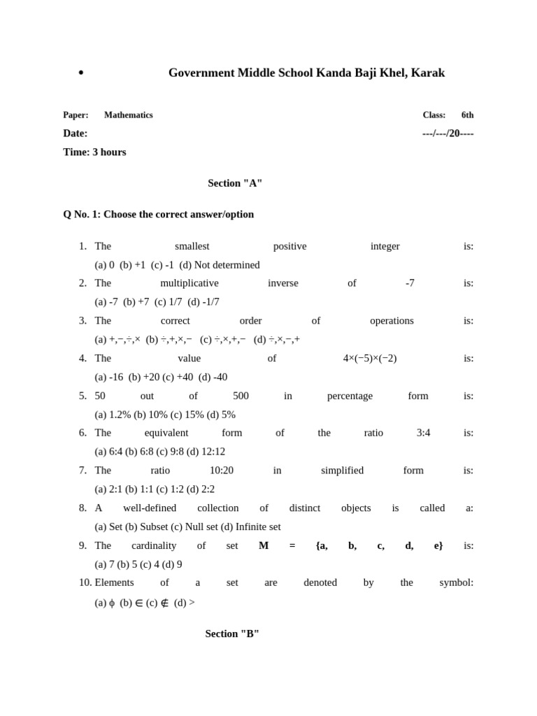 6th Grade Math Exam Paper | PDF | Subtraction | Discrete Mathematics