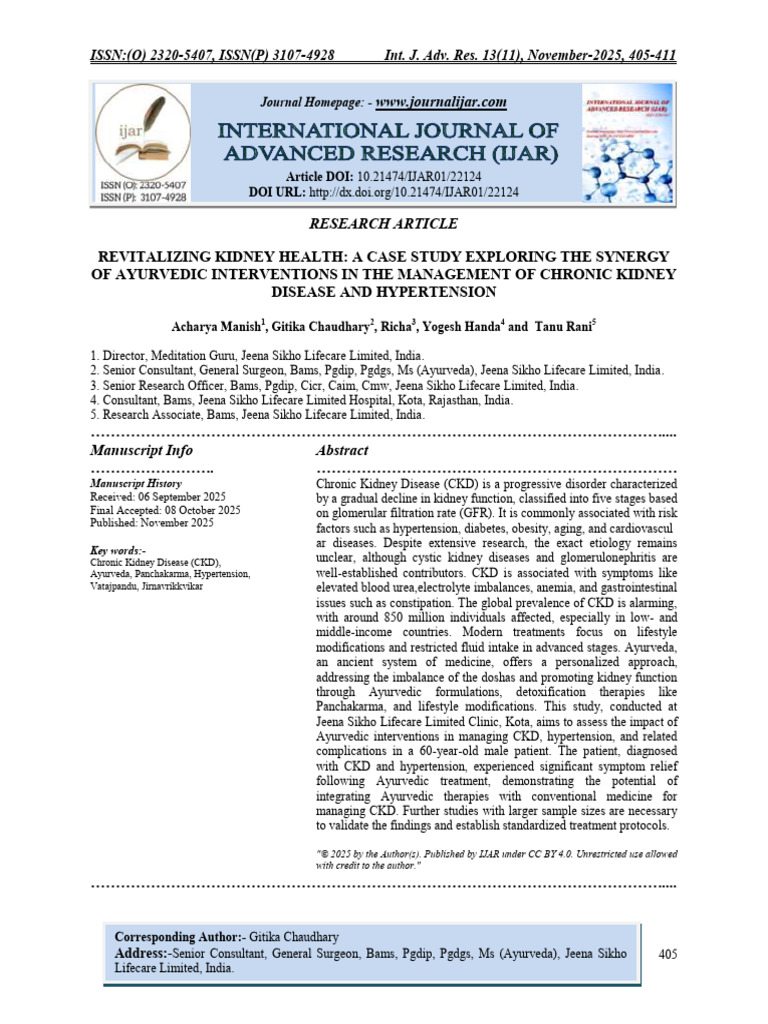 REVITALIZING KIDNEY HEALTH: A CASE STUDY EXPLORING THE SYNERGY OF AYURVEDIC INTERVENTIONS IN THE ...