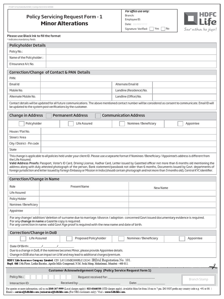 Policy Servicing Request Form 1 (1) | PDF | Identity Document | Insurance