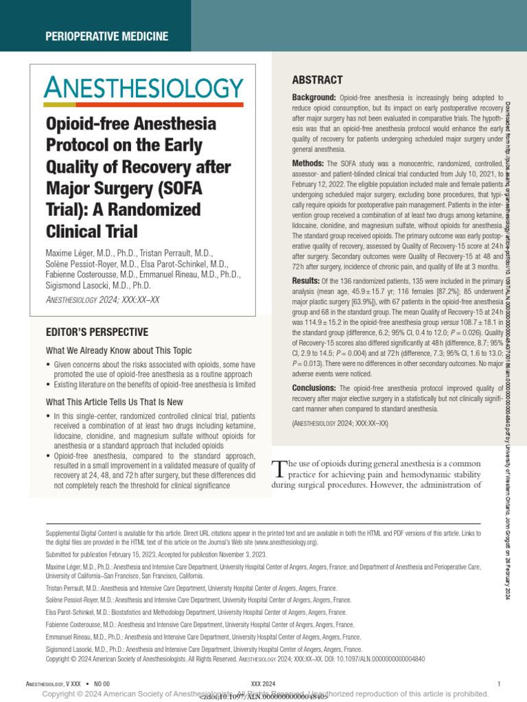 Opioid-Free Anesthesia Protocol On The Early Quality of Recovery After ...