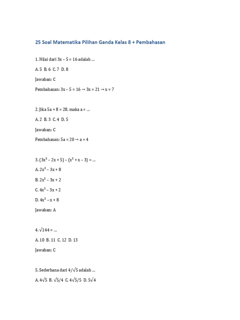 25 Soal Matematika Kelas 8 dan Pembahasan | PDF
