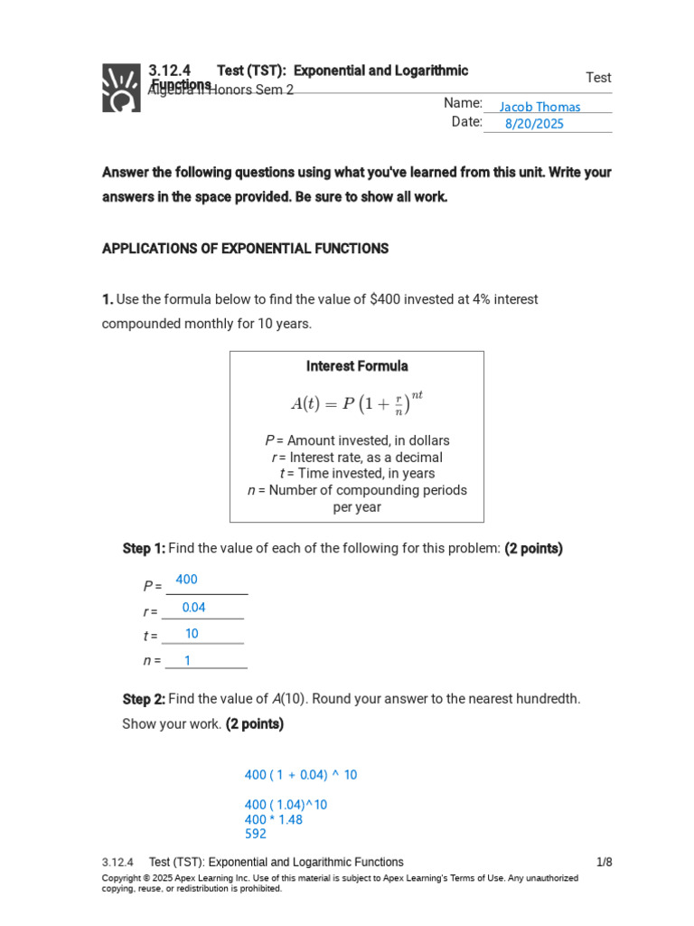 3.12.4 Test (TST) - Exponential and Logarithmic Functions (Test) | PDF ...