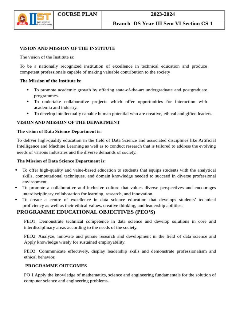 Ds - Vision and Mission of Ds Department | PDF | Engineering | Data Science