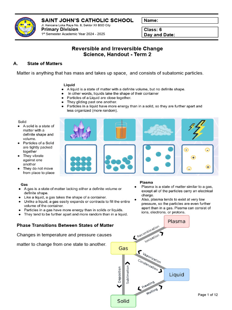 P6 Science Handout 2 (Reversible, Irreversible Change) Term 2- 1st Sem ...