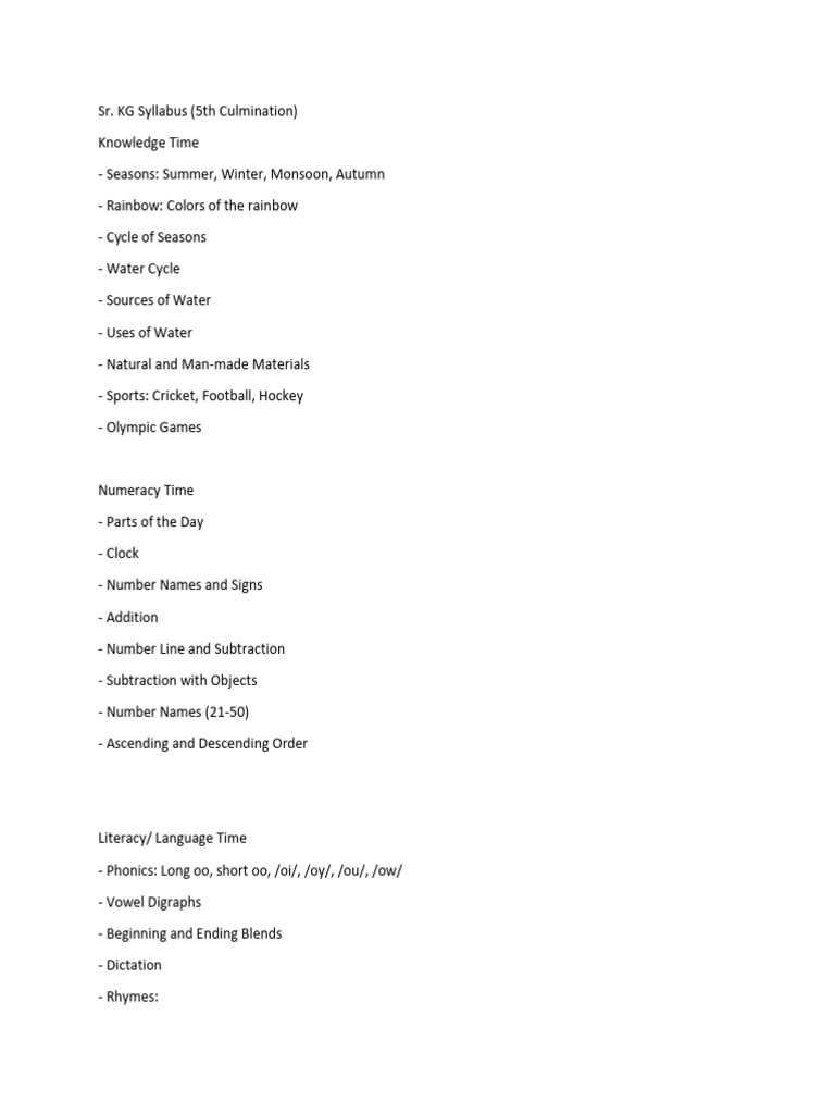Sr. KG Syllabus (5th Culmination) | PDF