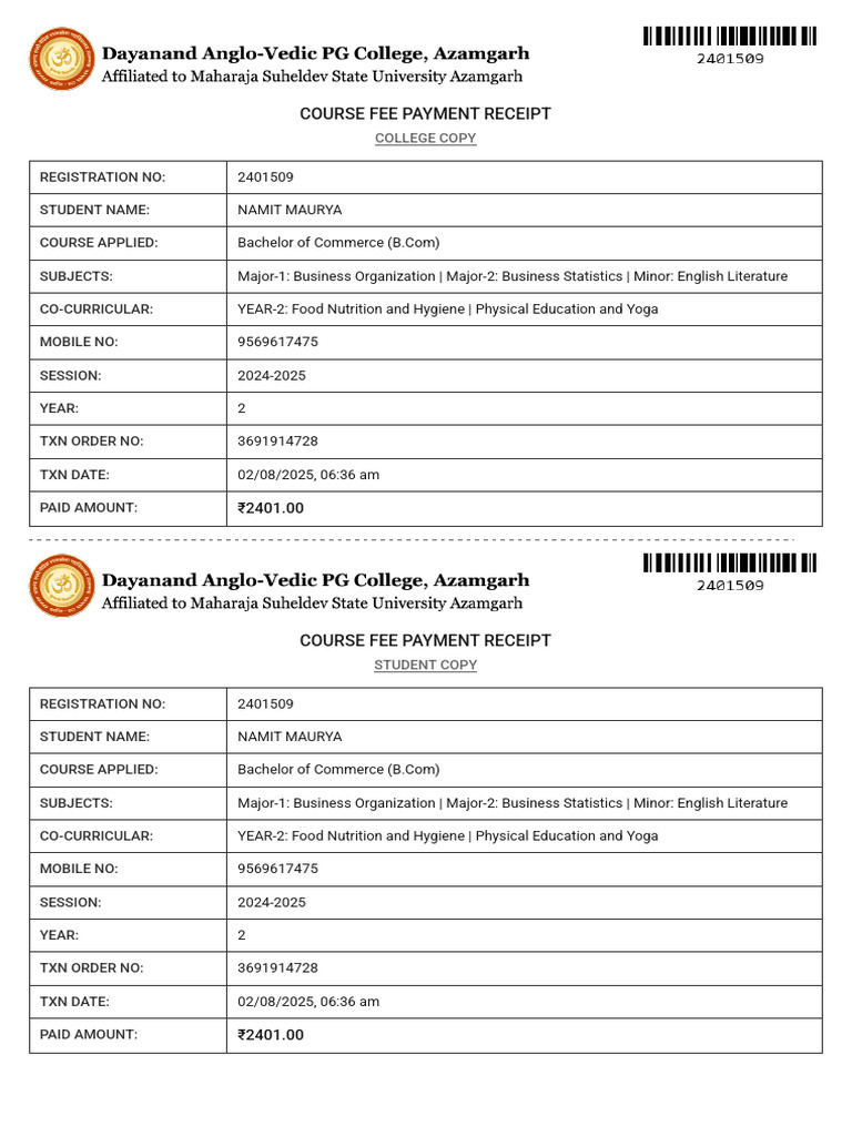 B.Com Course Fee Payment Receipt | PDF