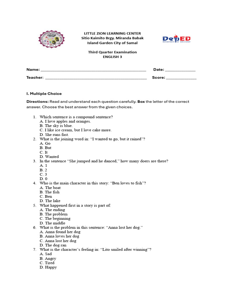 English 3 Exam: Reading & Comprehension | PDF