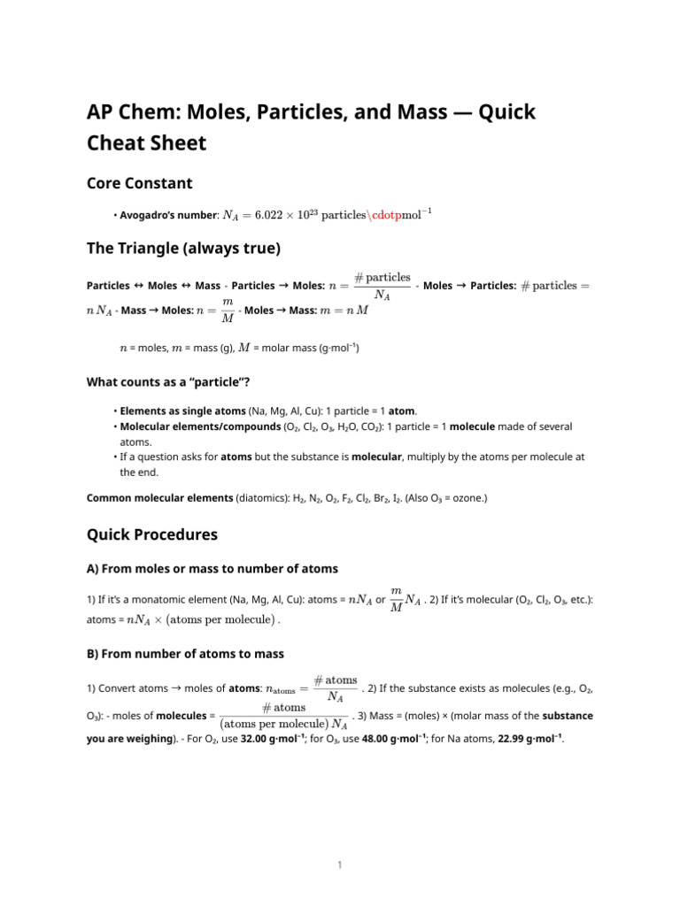 Ap Chem_ Moles, Particles, And Mass — Quick Cheat Sheet | PDF | Mole ...