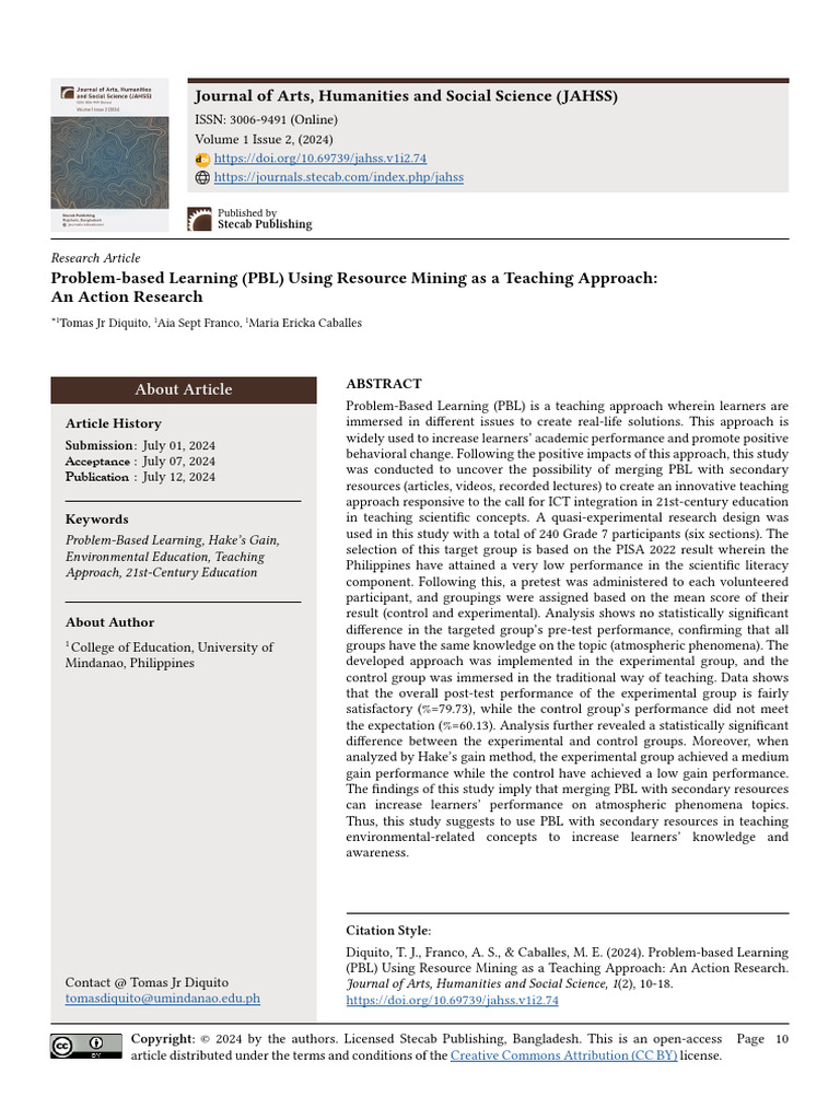 PBL and Resource Mining in Education | PDF | Learning | Cognition