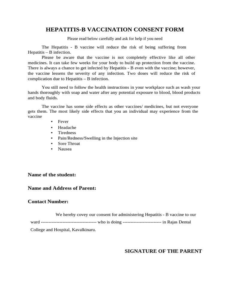 Hepatitis B Vaccination Consent Form | PDF