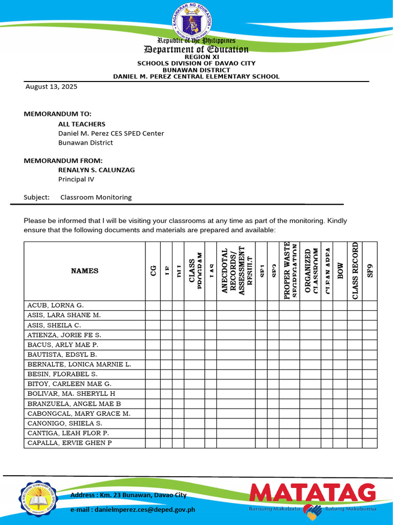 School-Memo-1-Classroom Monitoring | PDF | Philippines