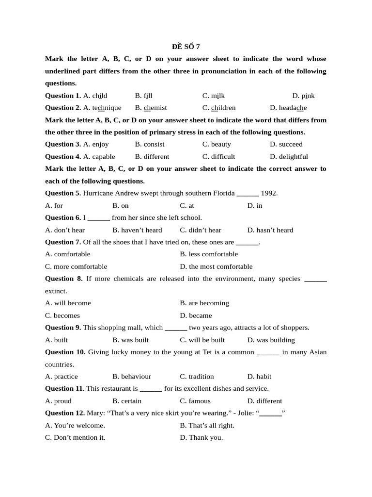 English Language Practice Test 7 | PDF | Bamboo | English Language