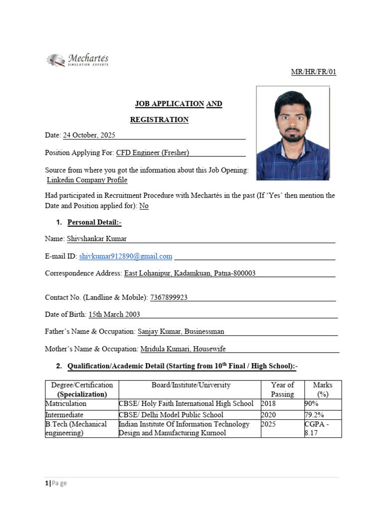 Job Application for CFD Engineer Fresher | PDF | Computational Fluid ...