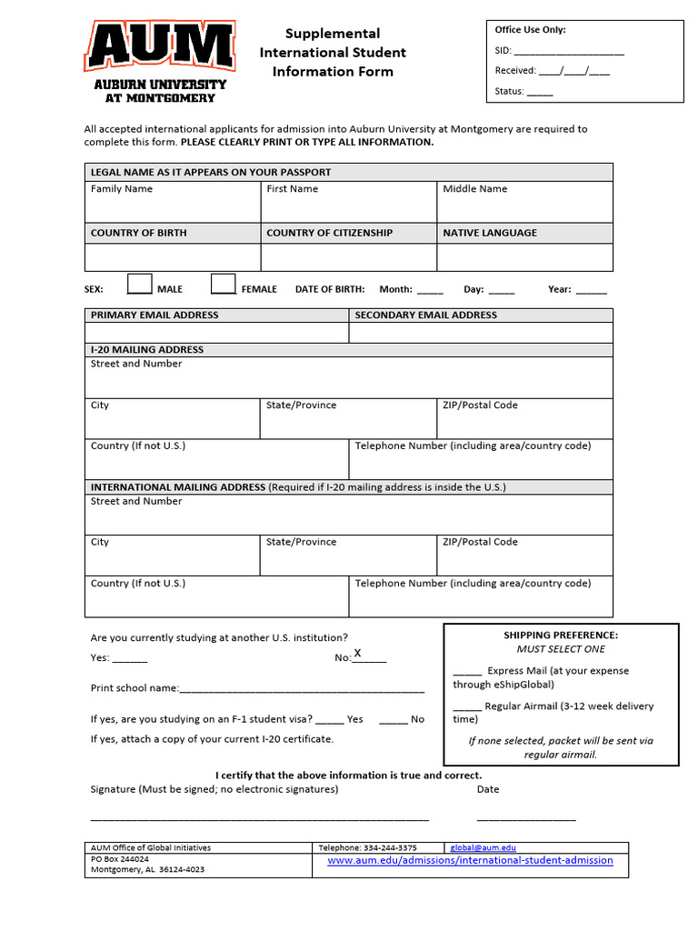 International Student Information Form | PDF | Zip Code | United States ...