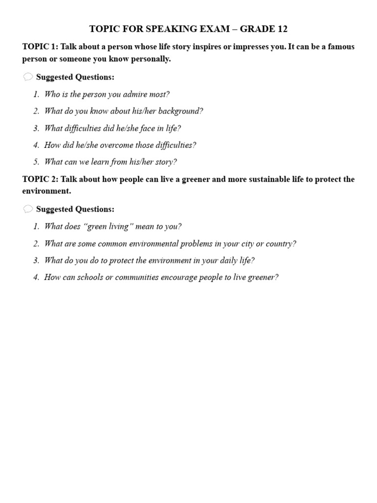 Topic For Speaking Exam - Hk1 | PDF