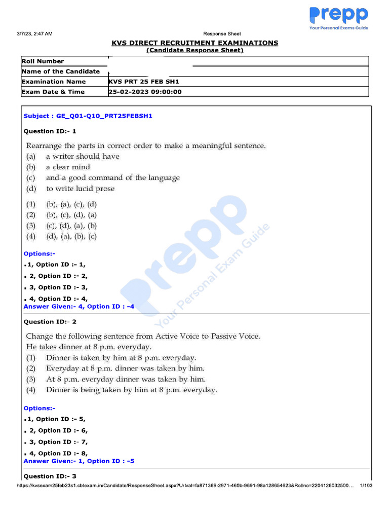 KVS PRT 25 Feb 2023 1st Shift Question Paper Compressed ...
