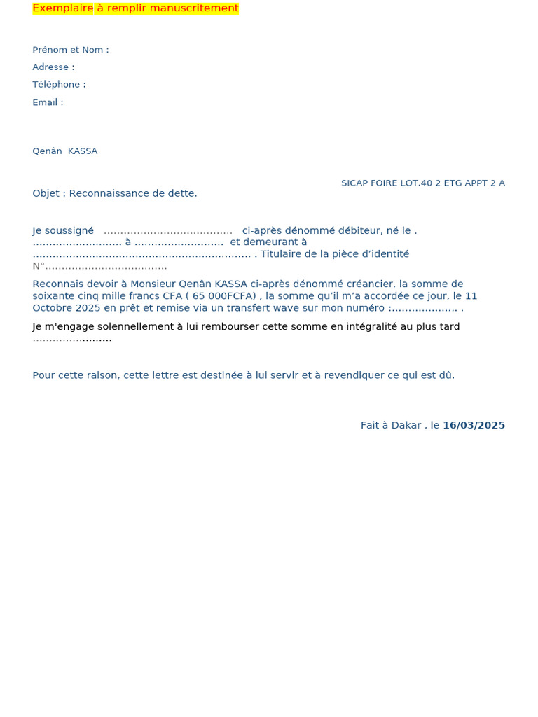 Reconnaissance de dette manuscrite | PDF