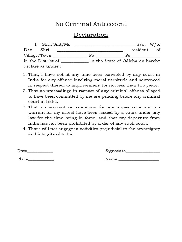 No Criminal Antecedent Declaration Form | PDF