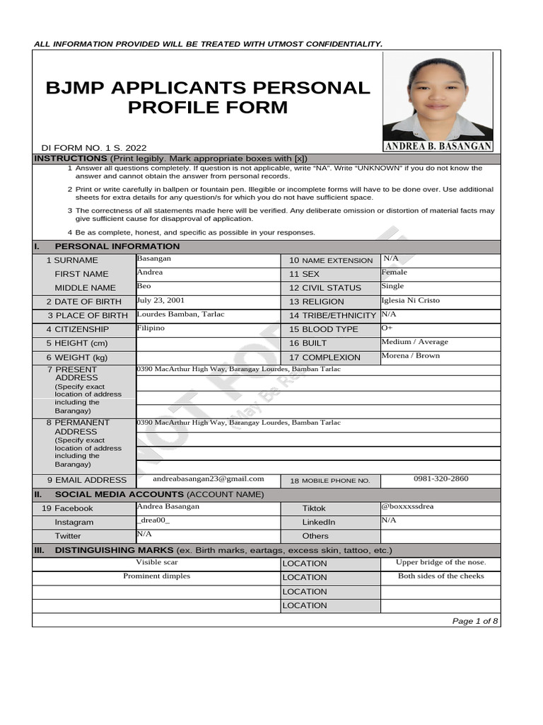 BJMP Personal Profile Form 2022 | PDF | Data | Information