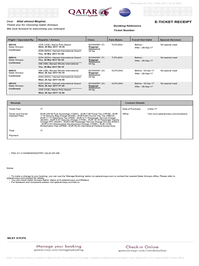 Qatar Airways E-Ticket Receipt | PDF | Aviation | Payments