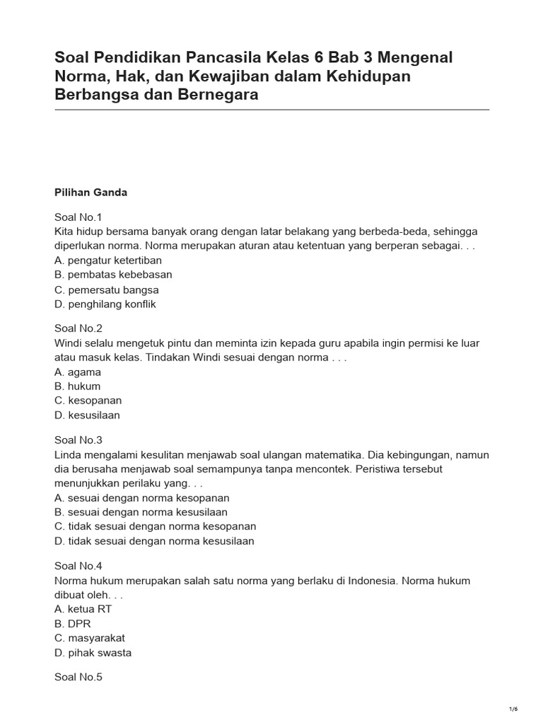 Diaryguru Soal Pendidikan Pancasila Kelas 6 Bab 3 Mengenal Norma