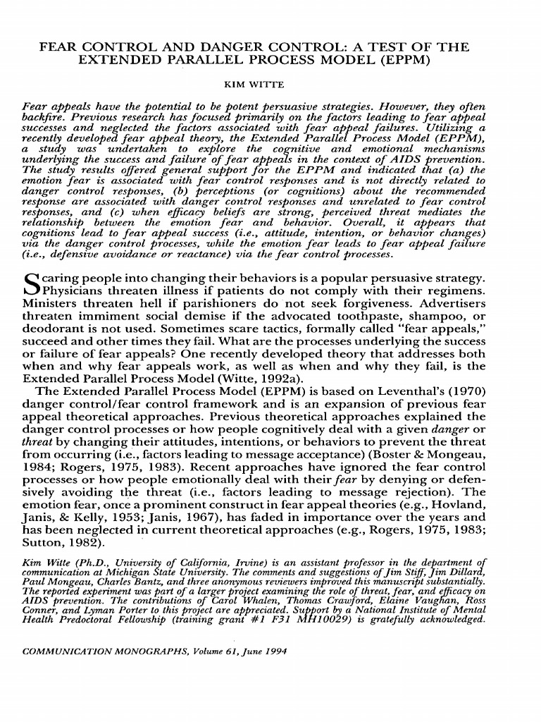 EPPM: Fear Control vs. Danger Control | PDF | Fear | Behavioural Sciences