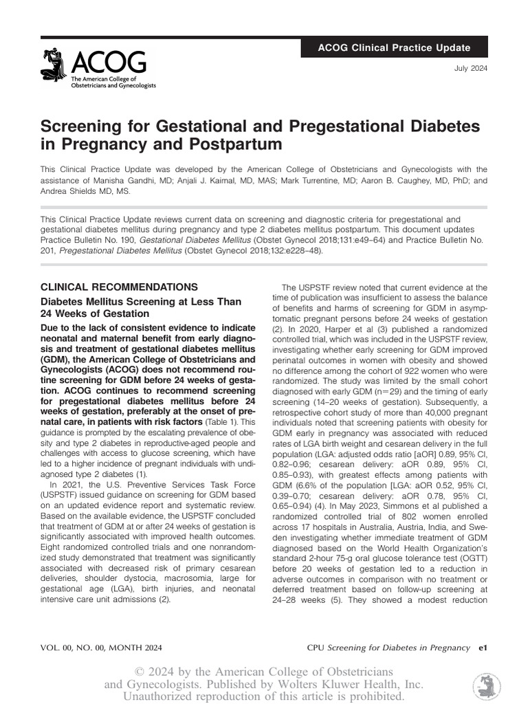 ACOG - Screening For GDM - 2024 | PDF | Gestational Diabetes | Prediabetes