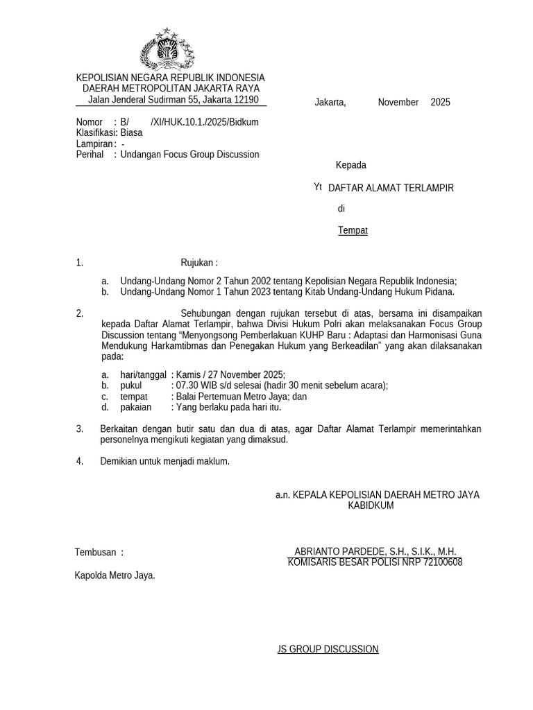 Surat Kabidkum Undangan FGD | PDF