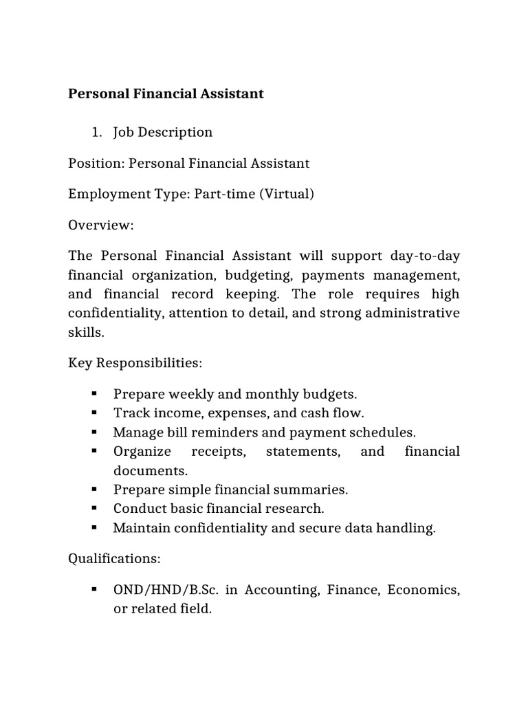 Part-Time Personal Financial Assistant Job | PDF | Employment | Budget
