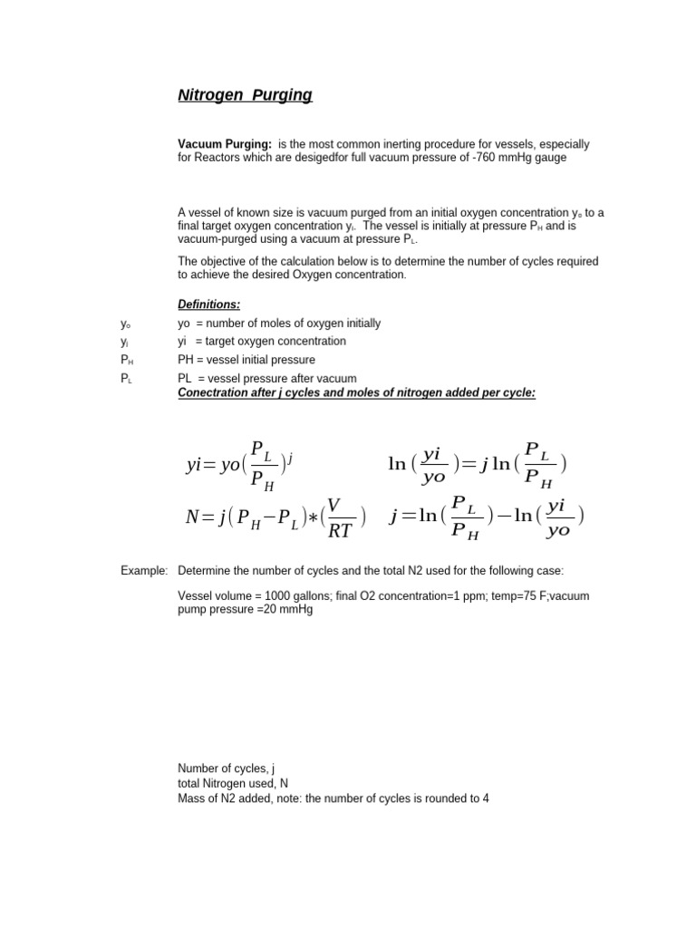 Nitrogen Purging Calculations Guide | PDF | Mole (Unit) | Pressure