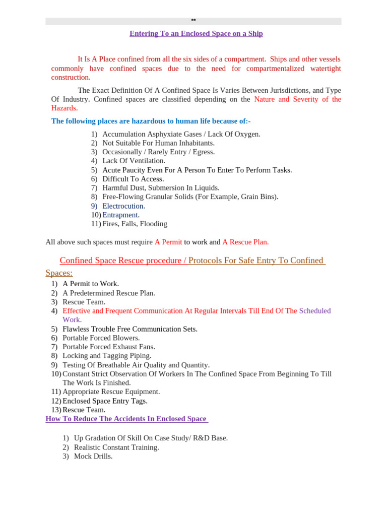 Enclosed Space Entry Safety Protocols | PDF | Occupational Safety And ...