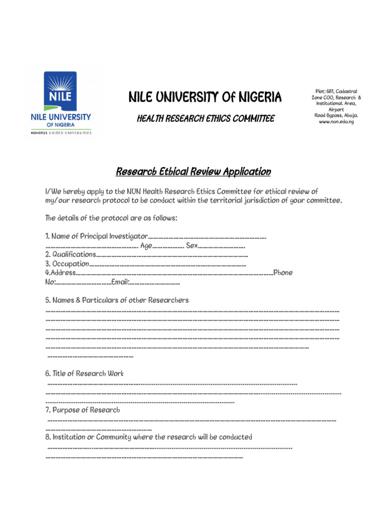 NUN Health Research Ethics Application | PDF