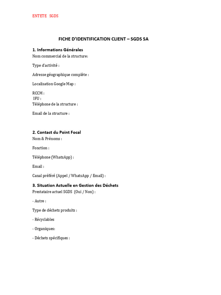 Fiche d'Identification Client SGDS | PDF