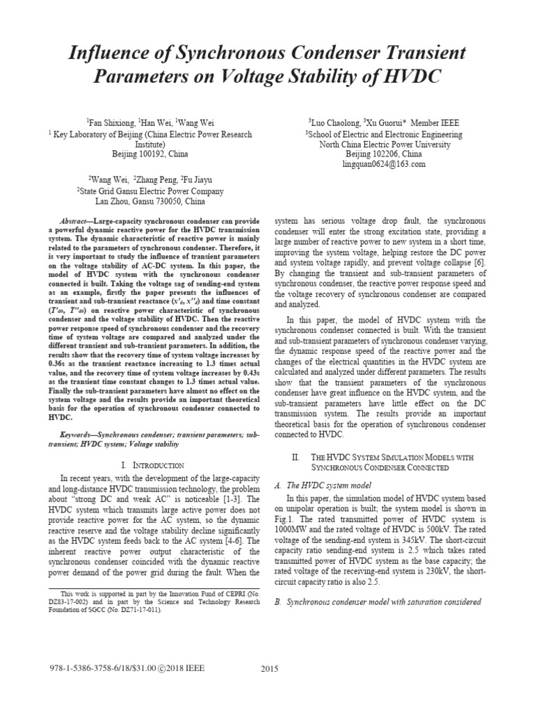 Influence of Synchronous Condenser Transient Parameters on Voltage ...