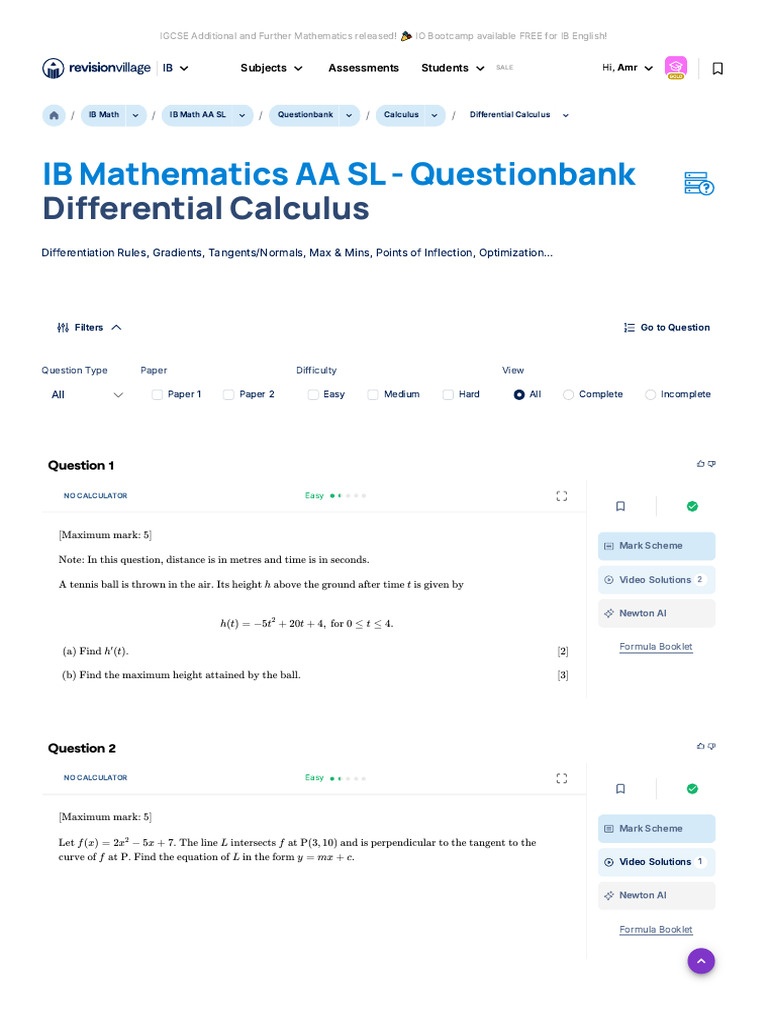 IB Math AA SL Questionbank Overview | PDF | Tangent | Acceleration