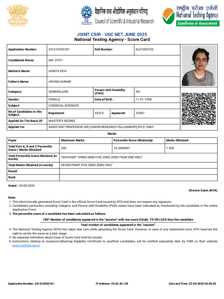 CSIR UGC NET June 2025 Score Card | PDF | Qualifications
