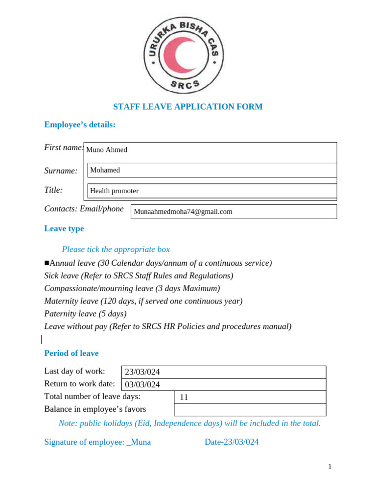 Staff Leave Application Form Template | PDF